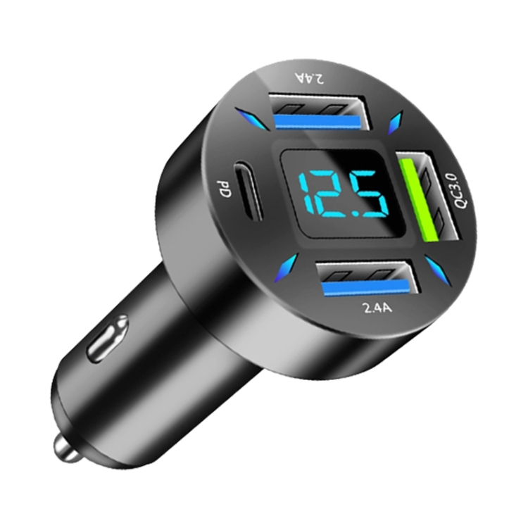 2pcs 4 in 1 USB PD20W+QC3.0+2.4A Digital Display Car Fast Charger