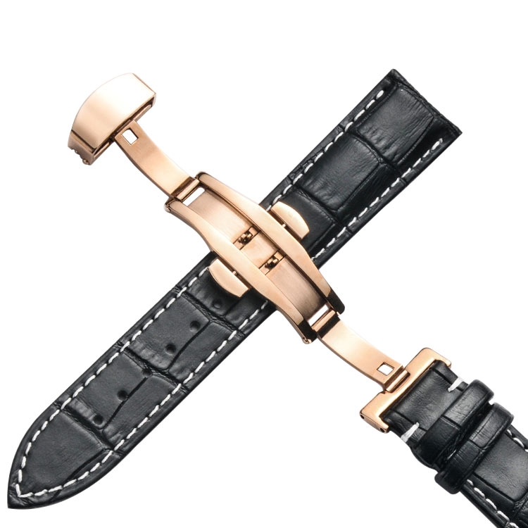 24mm Classic Cowhide Leather Rose Gold Butterfly Buckle Watch Band ...