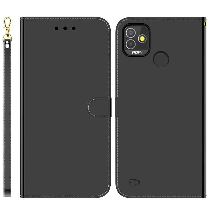 สำหรับ TECNO POP 5P พื้นผิวกระจกเลียนแบบซองโทรศัพท์หนังพลิกแนวนอน (สีดำ)