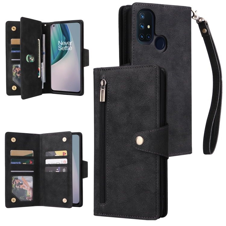 สำหรับ OnePlus Nord N10 5G Buckle 9 Cards Case Three Fold Leather Phone เคส (สีดำ)