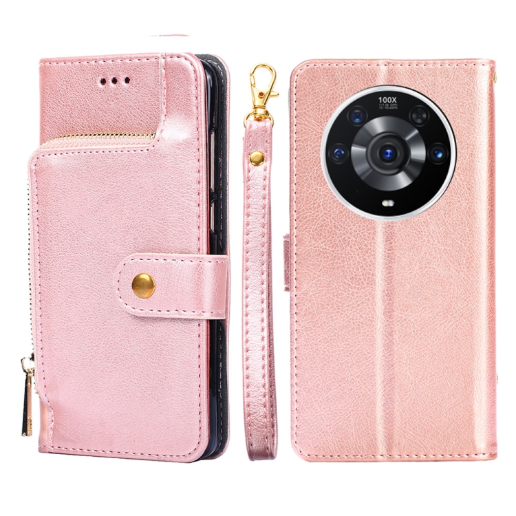 สำหรับ Honor Magic3 Pro Zipper Bag PU + TPU เคสเครื่องหนังพลิกแนวนอน (กุหลาบทอง)
