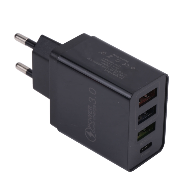 AR-2025 Chargeur de voyage mural 4 en 1 QC3.0 PD20W 3xUSB + USB-C / Type-C, prise UE (noir)
