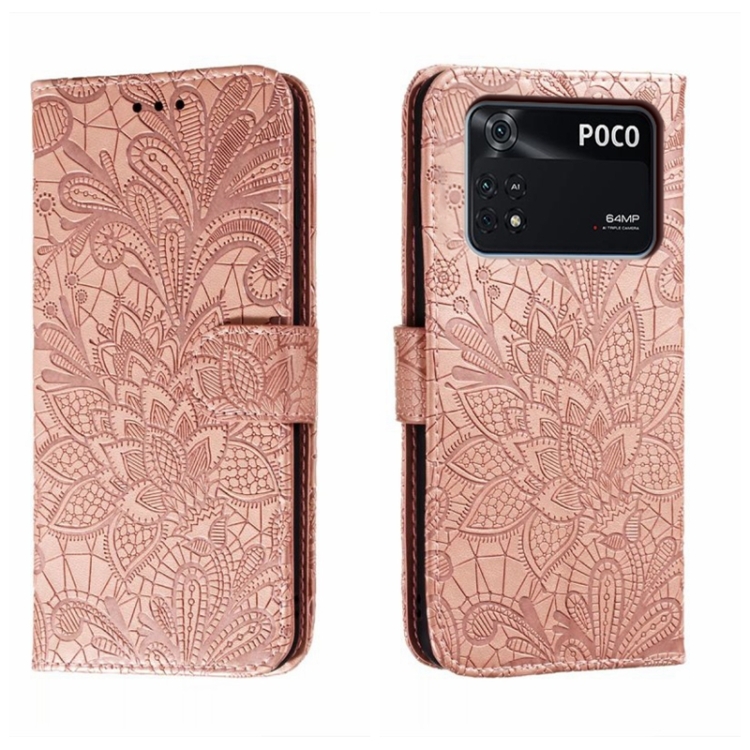สำหรับ Xiaomi Poco M4 Pro ลูกไม้ดอกไม้ลายนูนซองโทรศัพท์หนังพลิก (Rose Gold)