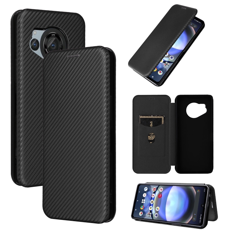 สำหรับ Sharp Aquos R8 คาร์บอนไฟเบอร์พื้นผิวพลิกเคสโทรศัพท์หนัง (สีดำ)
