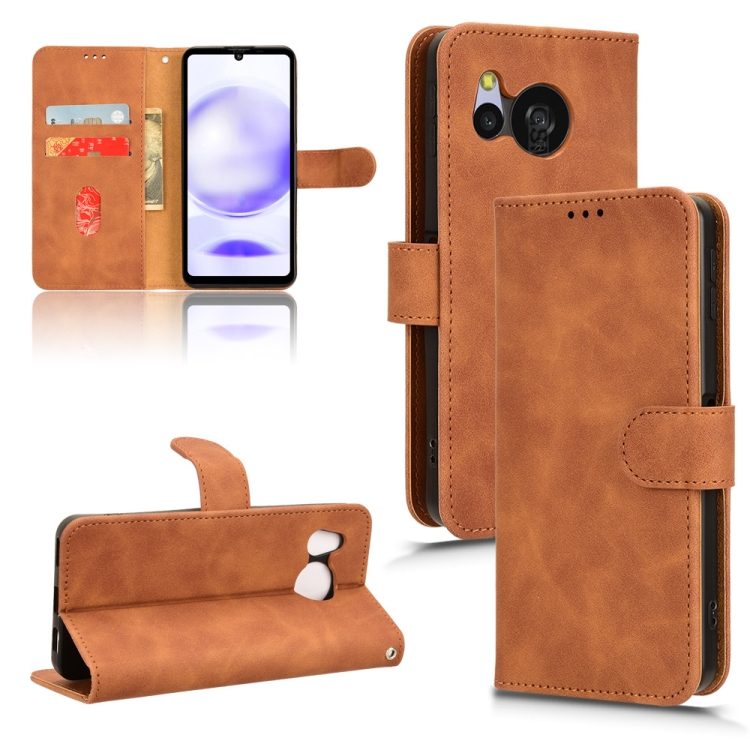 สำหรับ Sharp Aquos Sense8 Skin Feel ซองหนังแม่เหล็กพลิกแม่เหล็ก (สีน้ำตาล)