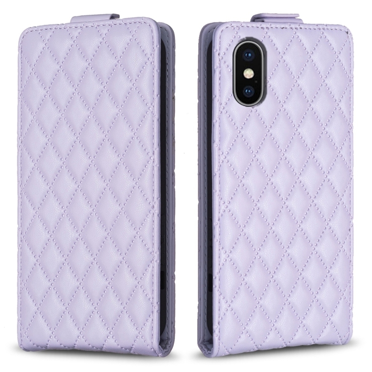 สำหรับ iPhone XS Max Diamond Lattice เคสโทรศัพท์หนังพลิกแนวตั้ง (สีม่วง)