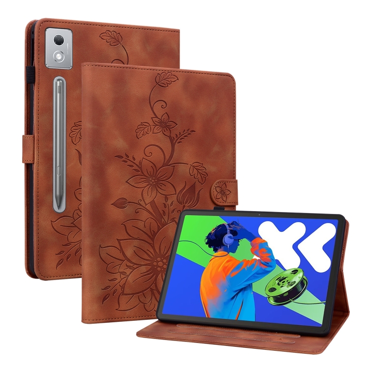 Capa de couro com relevo Lily para tablet Lenovo Tab P12 12.7 2025 (marrom)