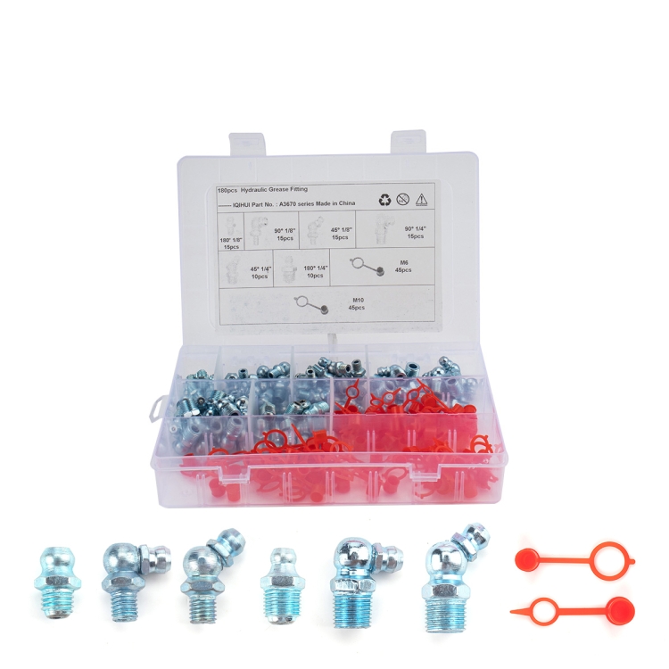 180 in 1 Zerk Oil Grease Fitting Assortment Kits พร้อมฝาปิดกันฝุ่น