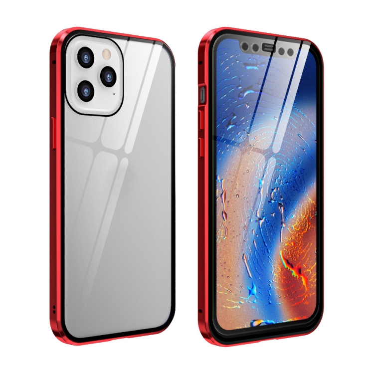iPhone 12 Pro Max 양면 강화 유리 자기 흡착 금속 프레임 HD 스크린 케이스(빨간색)