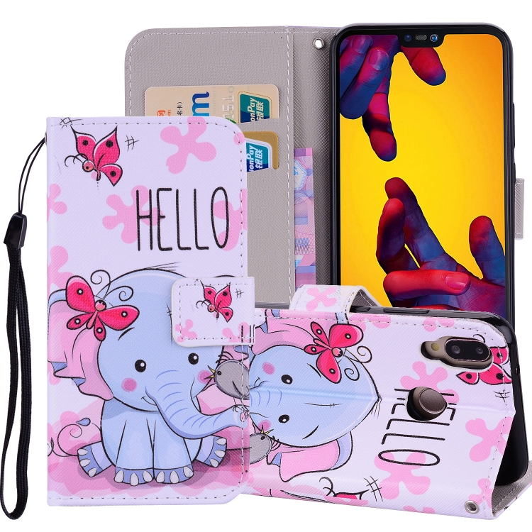 나비 코끼리 패턴 컬러 드로잉 화웨이 P20 라이트 용 수평 플립 가죽 케이스 홀더 및 카드 슬롯 및 지갑 및 끈 포함