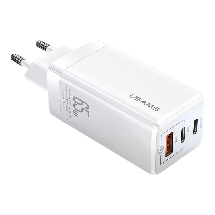 USAMS US-CC110 T33 65W Mini GaN สามพอร์ตชาร์จเร็ว USB Charger Power Adapter, ปลั๊ก EU (สีขาว)