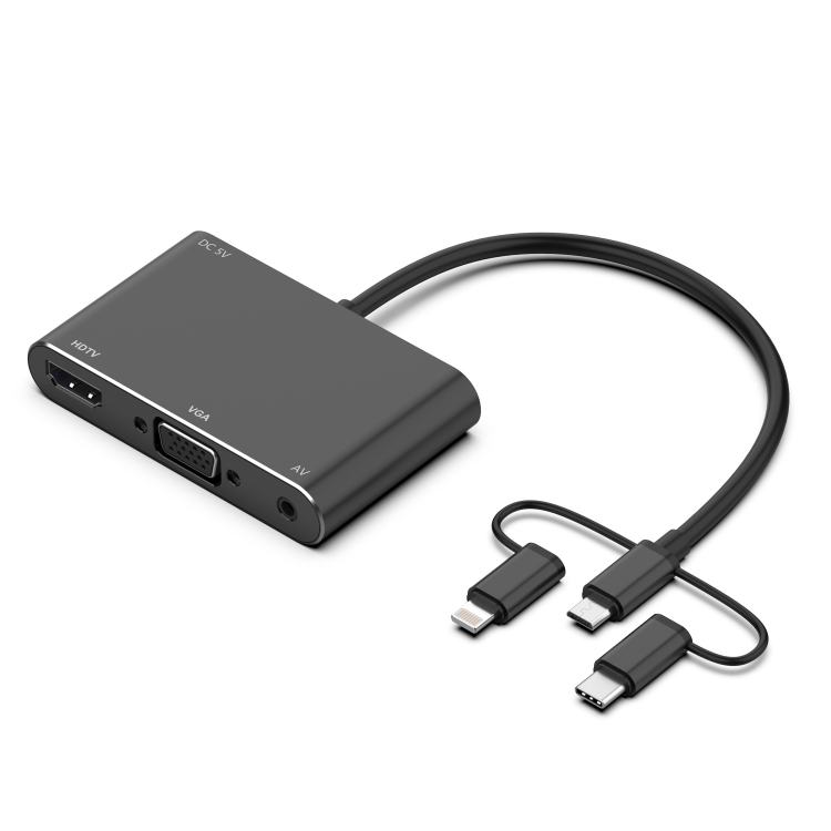 7585B 3 in 1 Micro USB / 8 Pin / Type-C to VGA / HDTV / AV Adapter ...