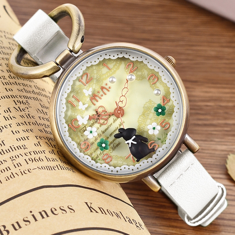 Retro Rabbit Style 3D Round Dial PU Band Quartz Wrist Watch(White)