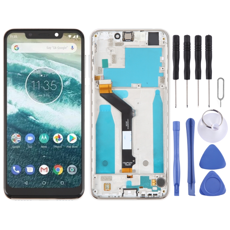 Motorola Moto One / P30용 기존 LCD 화면 프레임이 있는 디지타이저 전체 어셈블리 재생(실버)