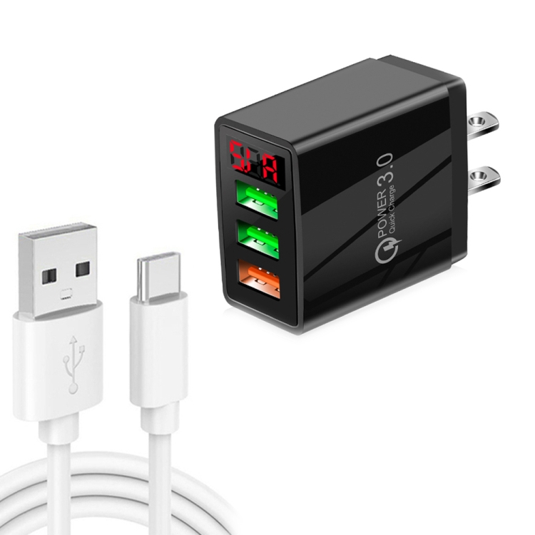 QC-07A QC3.0 3USB LED Digital Display Fast Charger + USB to Type-C Data ...