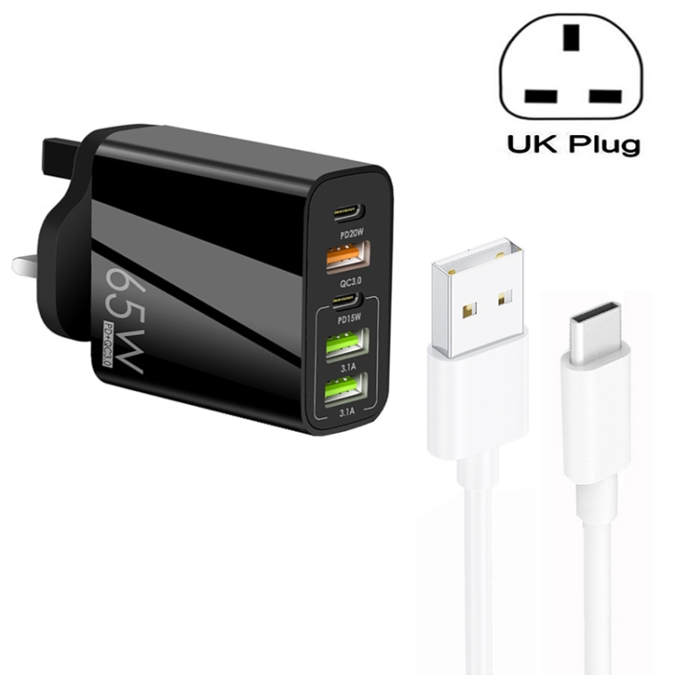 65W Dual PD Type-C + 3 x USB Multi Port Charger with 3A USB to Type-C ...