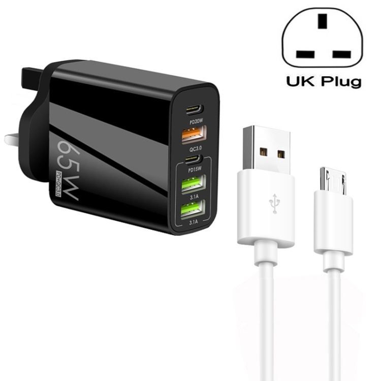 65W Dual PD Type-C + 3 x USB Multi Port Charger with 3A USB to Micro ...