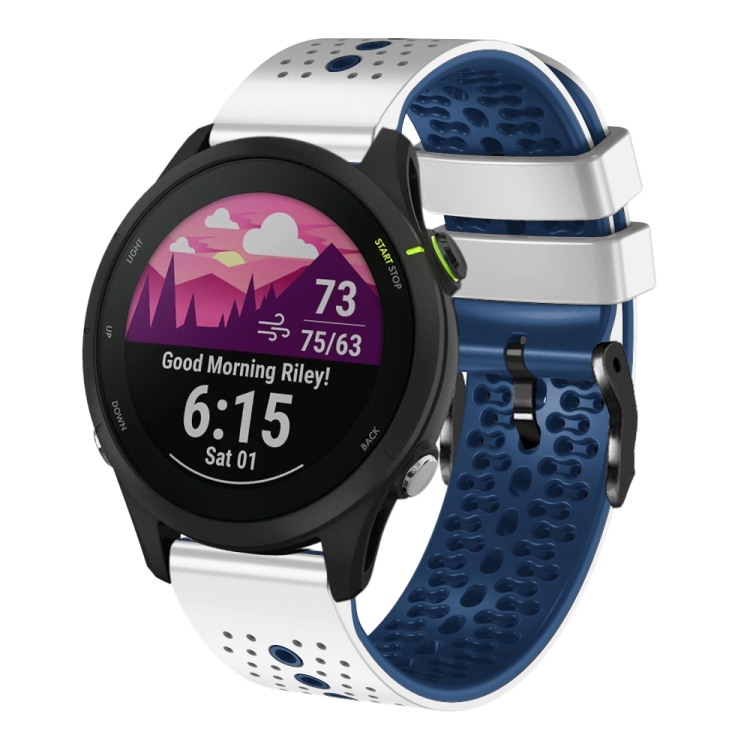 Garmin Forerunner 255 음악용 22mm 천공 2색 실리콘 시계 밴드(흰색 + 파란색)