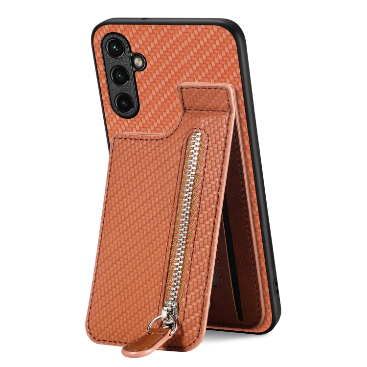 Capa carteira para celular Samsung Galaxy A14 5G fibra de carbono com zíper vertical (marrom)