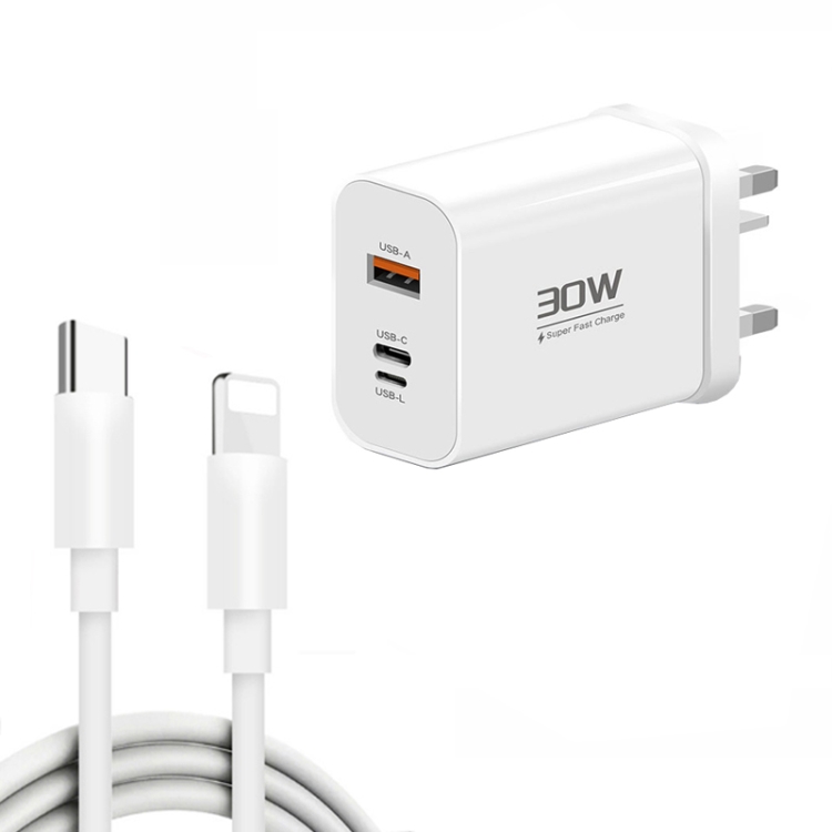 PD30W USB-C / Type-C + 8 pines + Cargador USB con cable de fecha de tipo C a 8 pines (enchufe ...