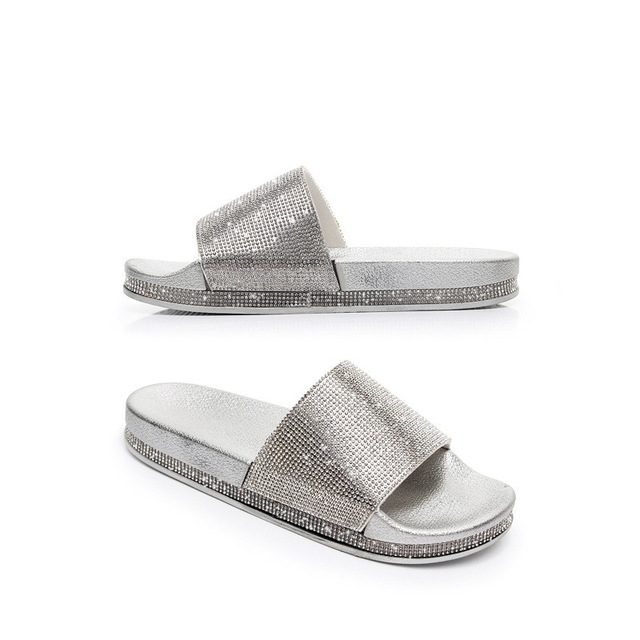 รองเท้าแตะผู้หญิง Rhinestone Bling Beach Slides ขนาด: 37 (สีเงิน)