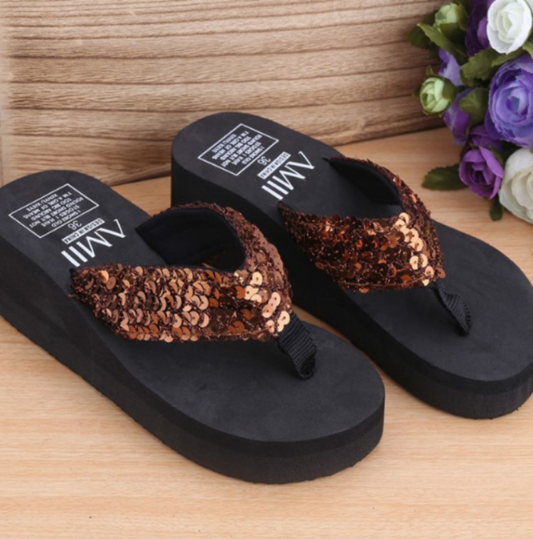 รองเท้าแตะเลื่อม Wedge และ Flip Flops, Size: 37 (Sequin Brown)