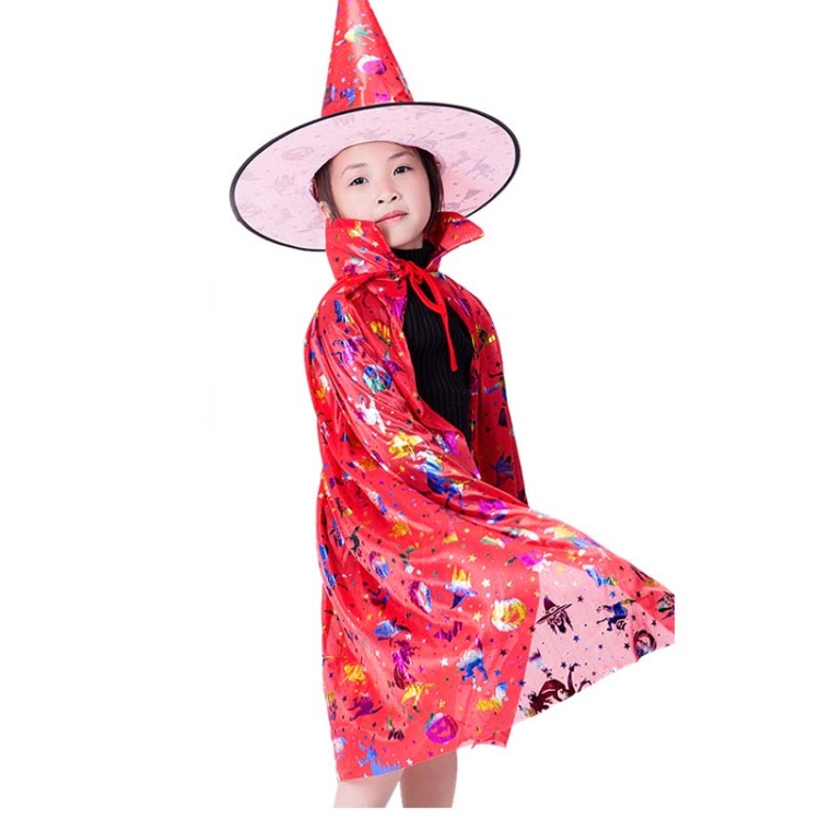 2 Pcs 할로윈 망토 어린이 마녀 코스프레 마술사 유치원 무대 공연 망토 케이프 모자 크기 한 사이즈 레드 컬러 골드