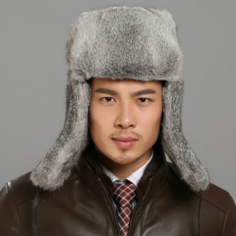Gray Autumn and Winter Thick Warm Rabbit Fur Bomber Hat Flight Hat for ...