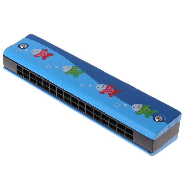 Wooden 16-holes Double-row Harmonica for Beginners, Color:Blue fish