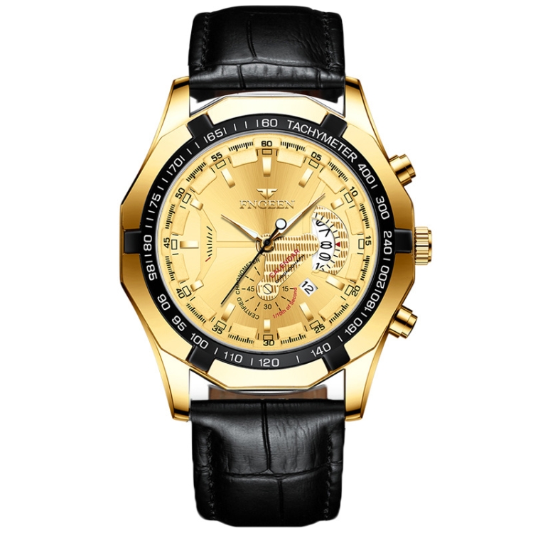 FNGEEN S001 Men Waterproof Watch Calendar Watch(Black Leather Full Gold ...