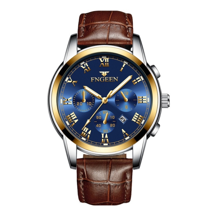 FNGEEN 4006 Men Trendy Waterproof Quartz Watch(Brown Leather Gold Blue ...