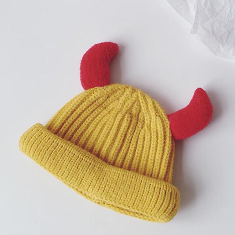 เด็กถักหมวกฤดูหนาวอบอุ่นการ์ตูน Ox Horns Woolen Hat, Size: Children 2-6 ...