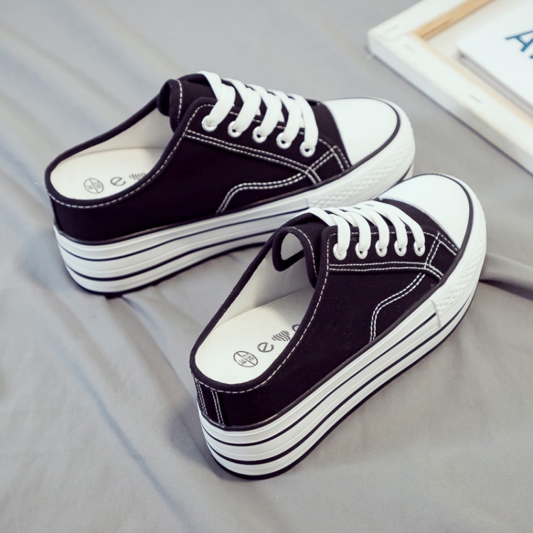 Women Thick-Soled Inner Heightened Semi-Slipper Canvas Shoes Lazy One ...