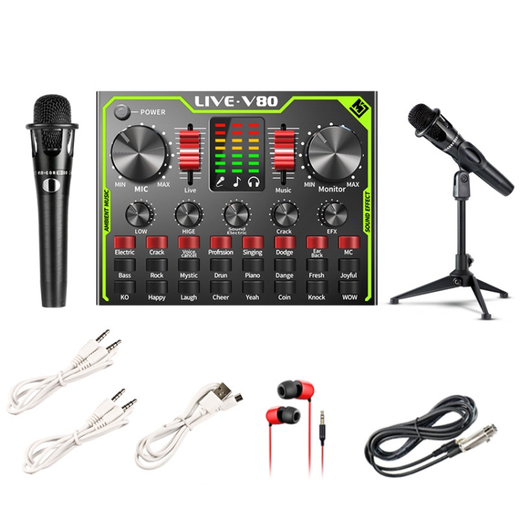 V80 Live Sound Card Set Mixing Console,Style: With E300 Microphone+Tripod