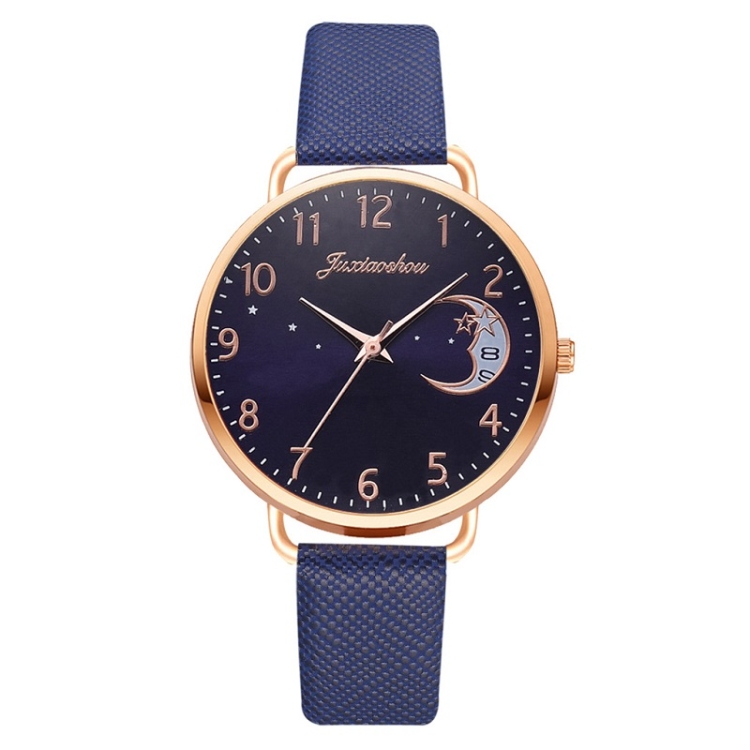 Ladies Moon Pattern Dial PU Strap Quartz Watch, Color: Blue