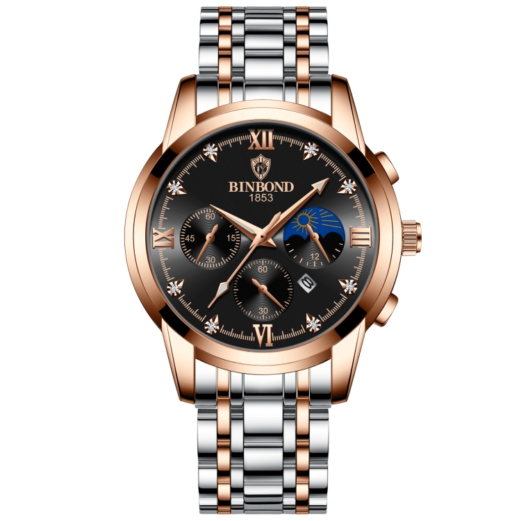 BINBOND B3591 30m Waterproof Luminous Calendar Men Watch, Color: Rose Gold-Black