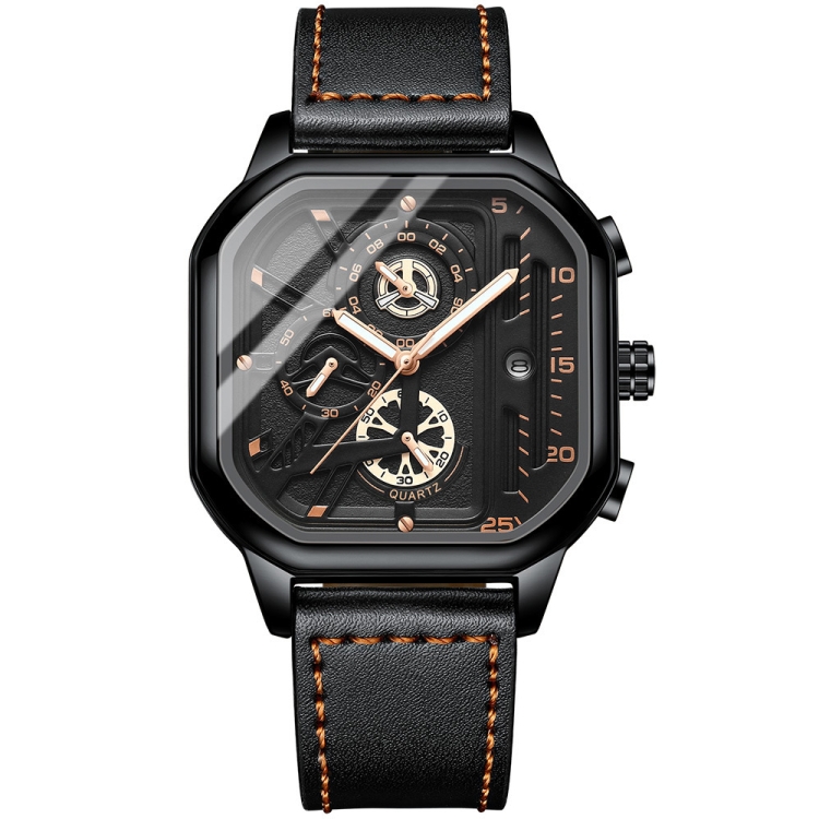 BINBOND B6577 30M Waterproof Luminous Square Quartz Watch, Color: Black Leather-Black-Rose Gold