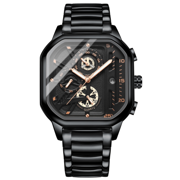 BINBOND B6577 30M Waterproof Luminous Square Quartz Watch, Color: Black Steel-Black-Rose Gold