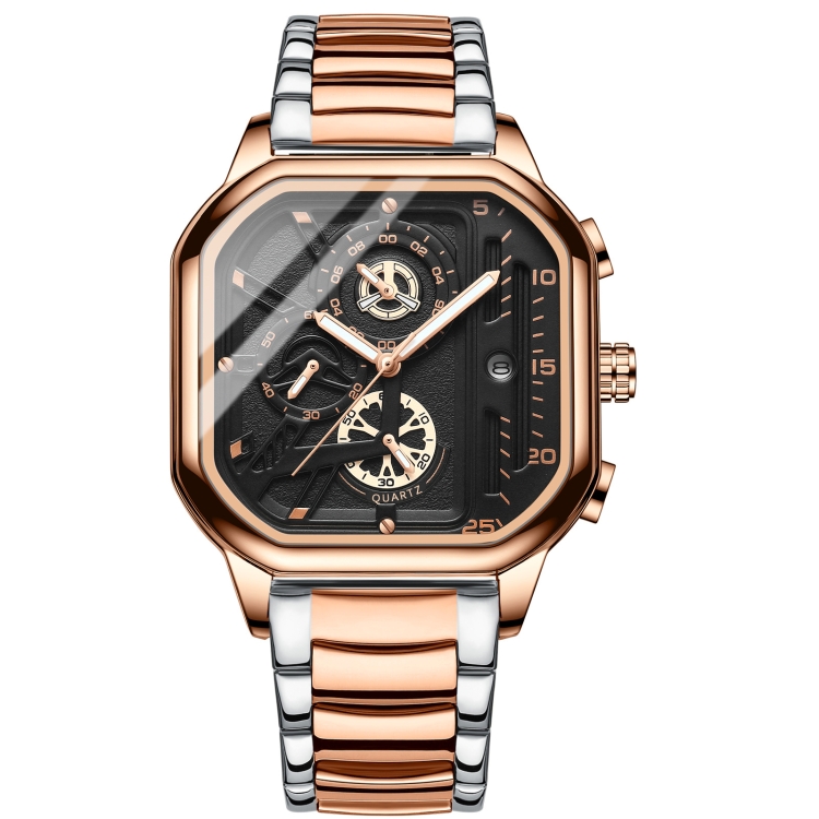 BINBOND B6577 30M Waterproof Luminous Square Quartz Watch, Color: Rose Gold-Black-Rose Gold
