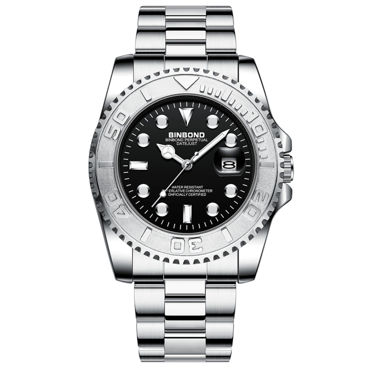 BINBOND B930 Metal Gear Luminous Quartz Watch 30M Waterproof Sports Watch, Color: White Steel-Black
