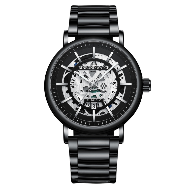 BINBOND B7872 Multifunctional Hollow Luminous Waterproof Quartz Watch, Color: Black Steel-Black ...