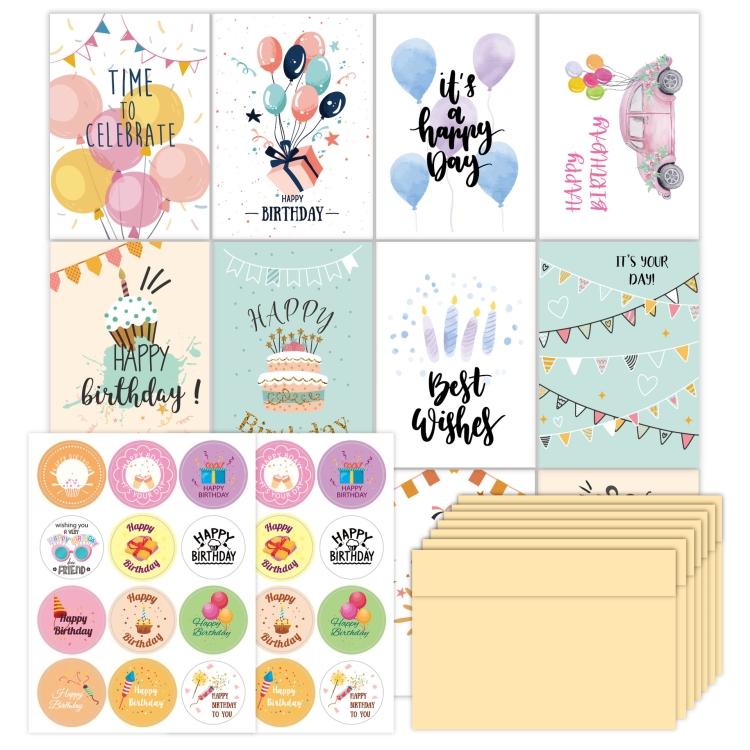 24pcs /Set Happy Birthday Greeting Card With Envelopes And Stickers Set ...