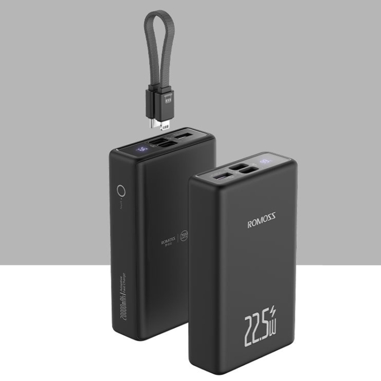 ROMOSS LT20A 20000mAh는 라인 충전 보물과 함께 제공됩니다. 양방향 고속 충전 모바일 전원 공급 장치(검은색)