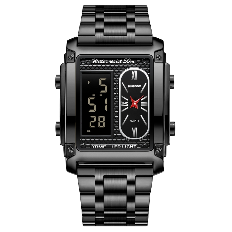 BINBOND B2311 30m Waterproof Men LED Luminous Multifunctional Quartz Watch, Color: Black Steel-Black