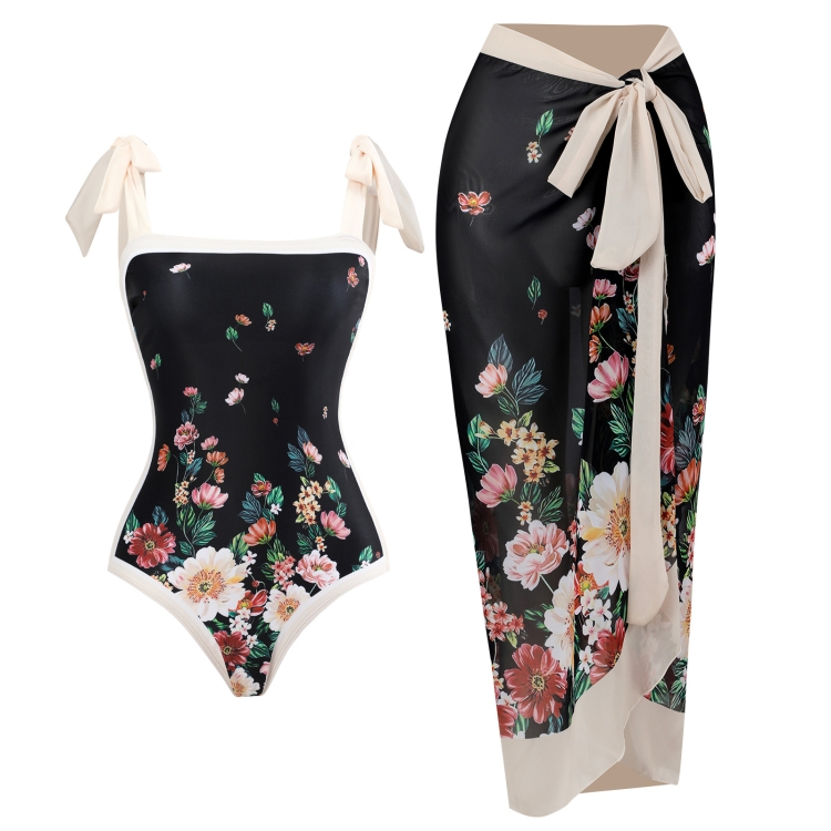 Retro Pattern One-Piece Hot Spring Outdoor Swimsuit Set, Size: S(Flower)