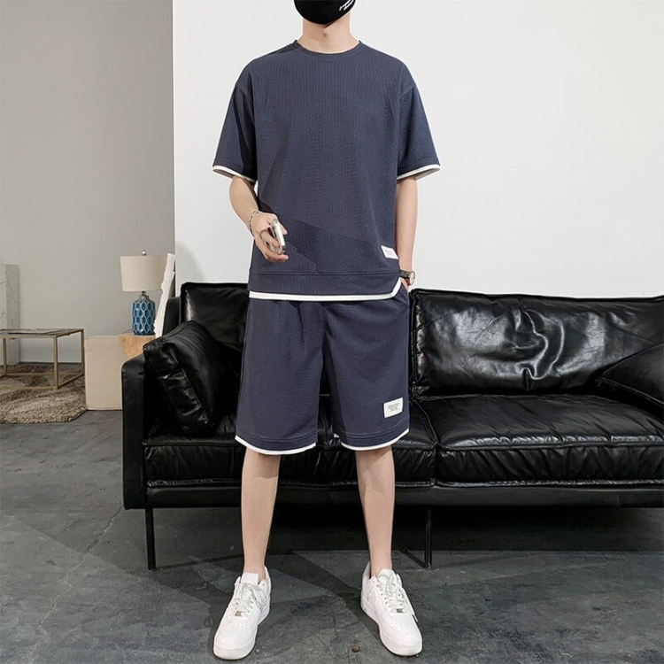 얼음 실크 느슨한 와플 스포츠 짧은 슬리브 반바지 세트 색상 어두운 회색 크기 M