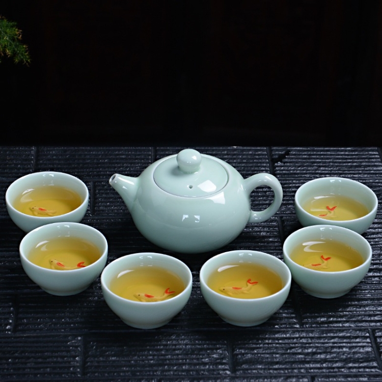 7 in 1 Longquan Celadon Tea Set Embossed Color Squid Cup Kung Fu Teacup ...
