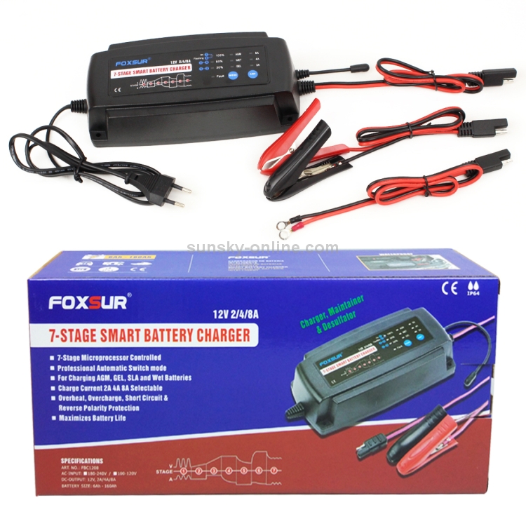 FOXSUR 12V 2A / 4A / 8A 7-traps opladen acculader voor auto-motorfiets ...