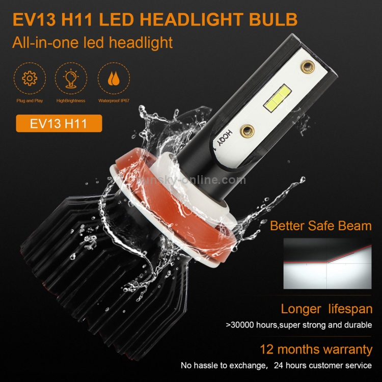 2 PCS EV13 H11 DC9-32V / 14W / 1400LM / 6000K IP67 Car LED Headlight ...