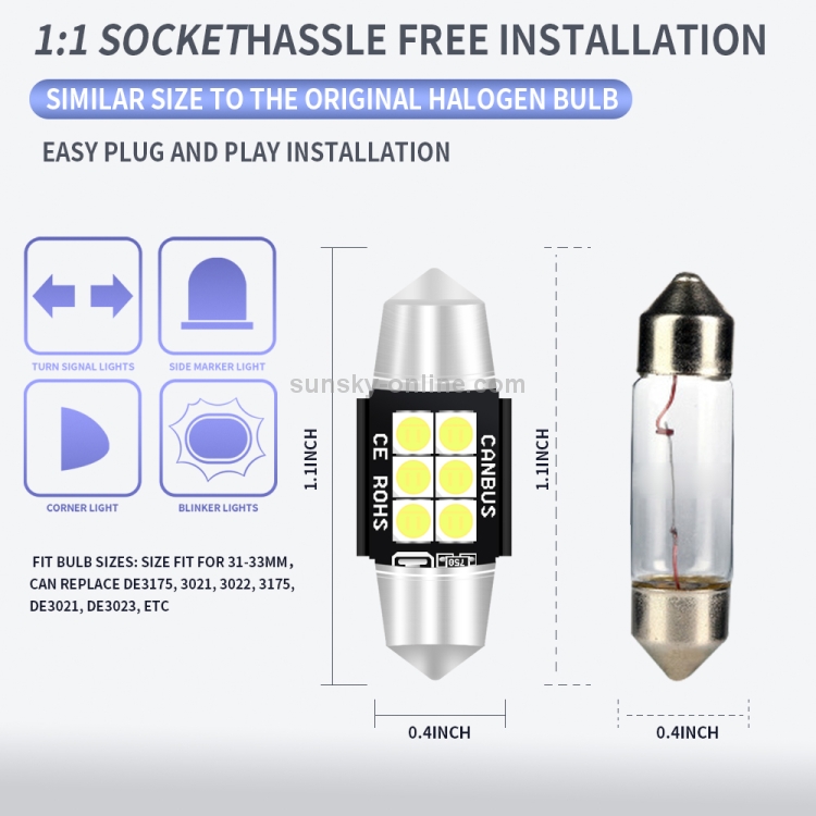 2 PCS 31 มม. DC12V-24V 3W 6000K 660LM 6 LEDs SMD-3030 โคมไฟอ่านหนังสือ ...